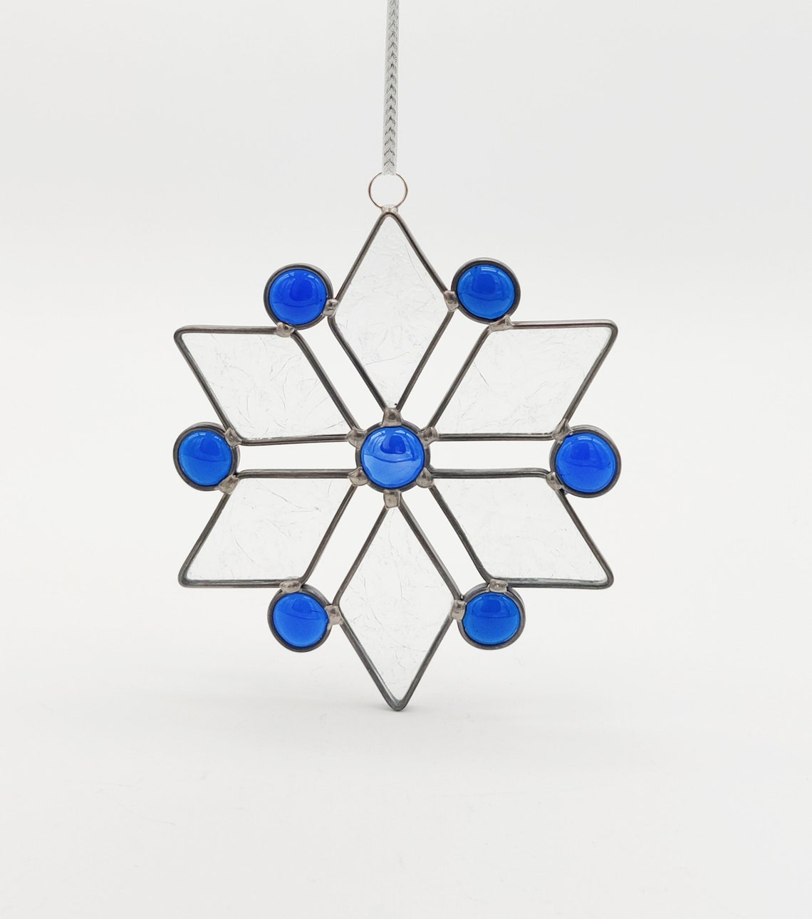 Medium Stained Glass Snowflake With Cobalt Blue Gems, Handmade Stained ...