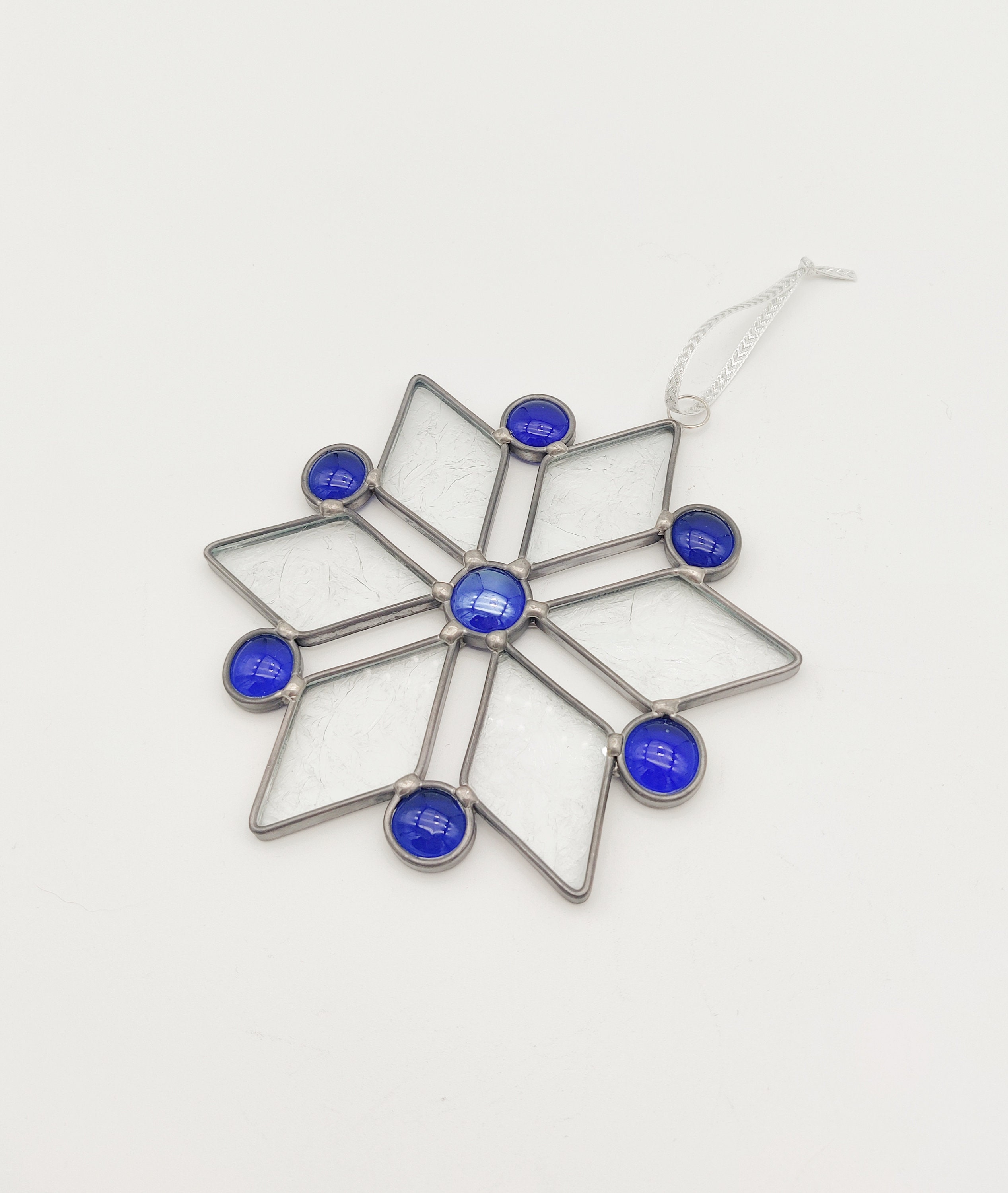 Medium Stained Glass Snowflake With Cobalt Blue Gems, Handmade Stained ...