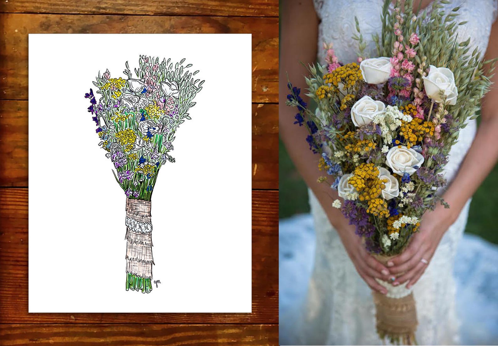 Custom Wedding Bouquet Flowers Drawing Illustration Print - Etsy
