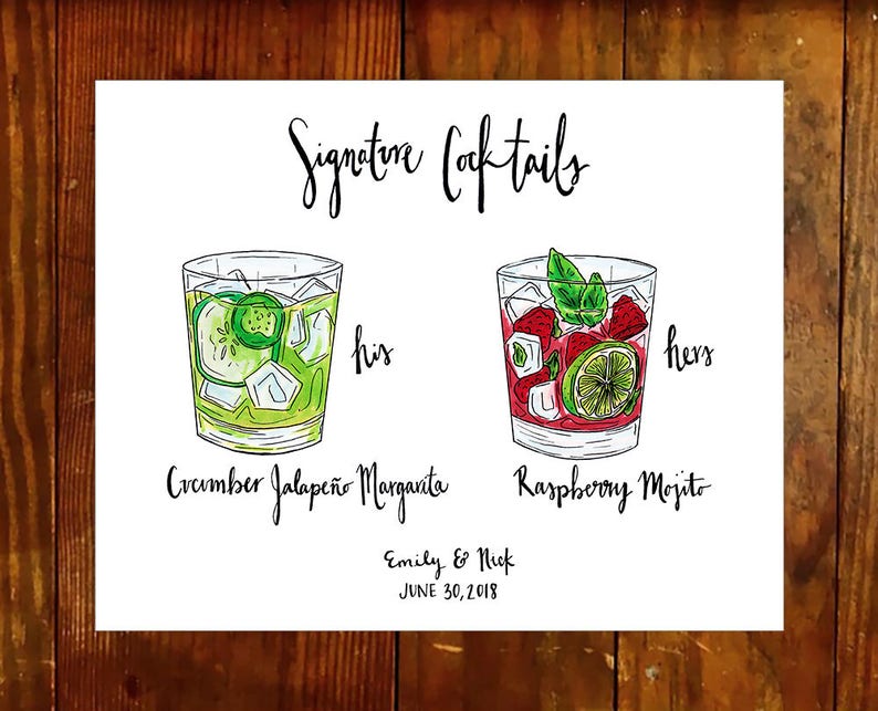 Custom Signature Cocktail Sign Drawing, Personalized Drinks ...