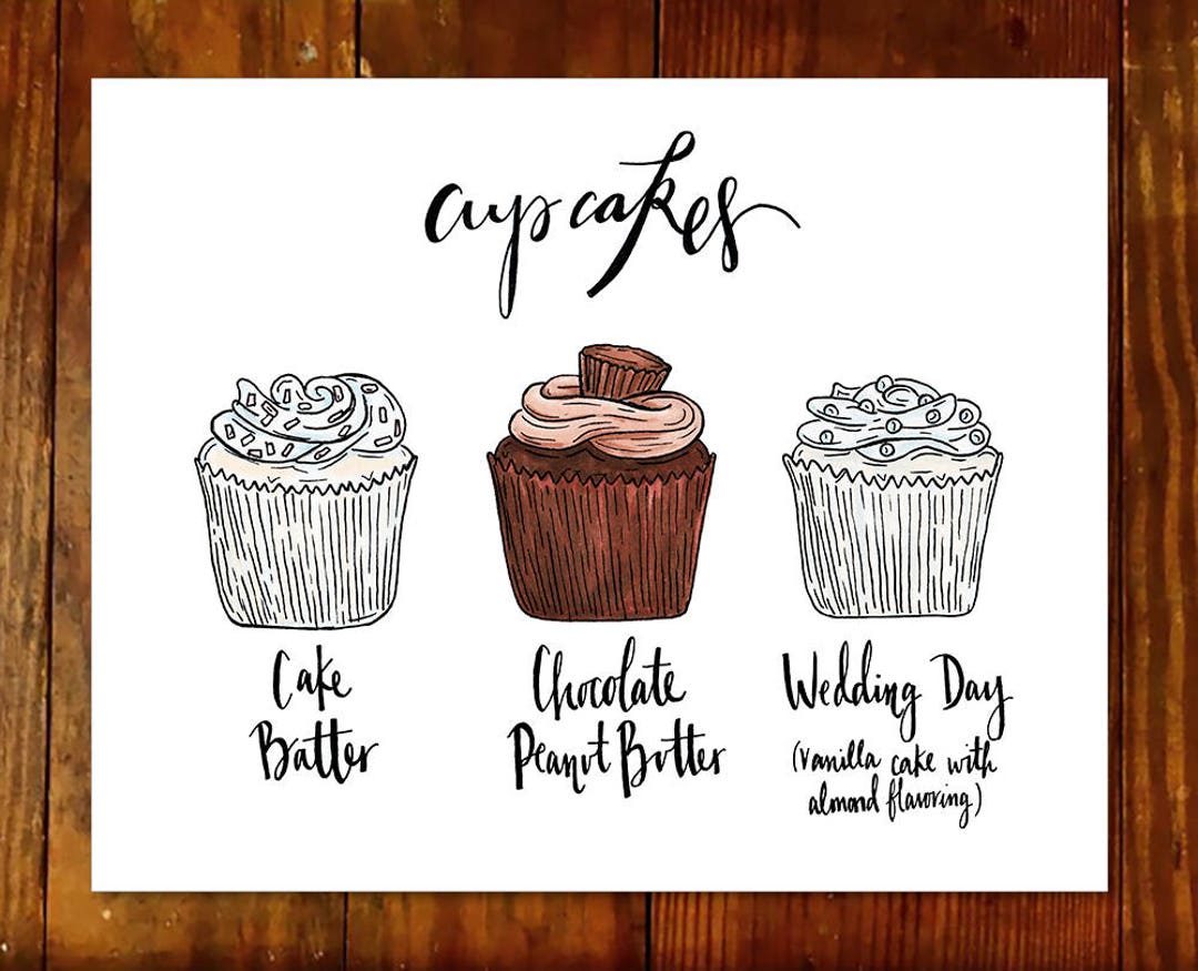 Custom Cupcake Sign, Wedding Cake Flavors, Drawing of Desserts Menu ...