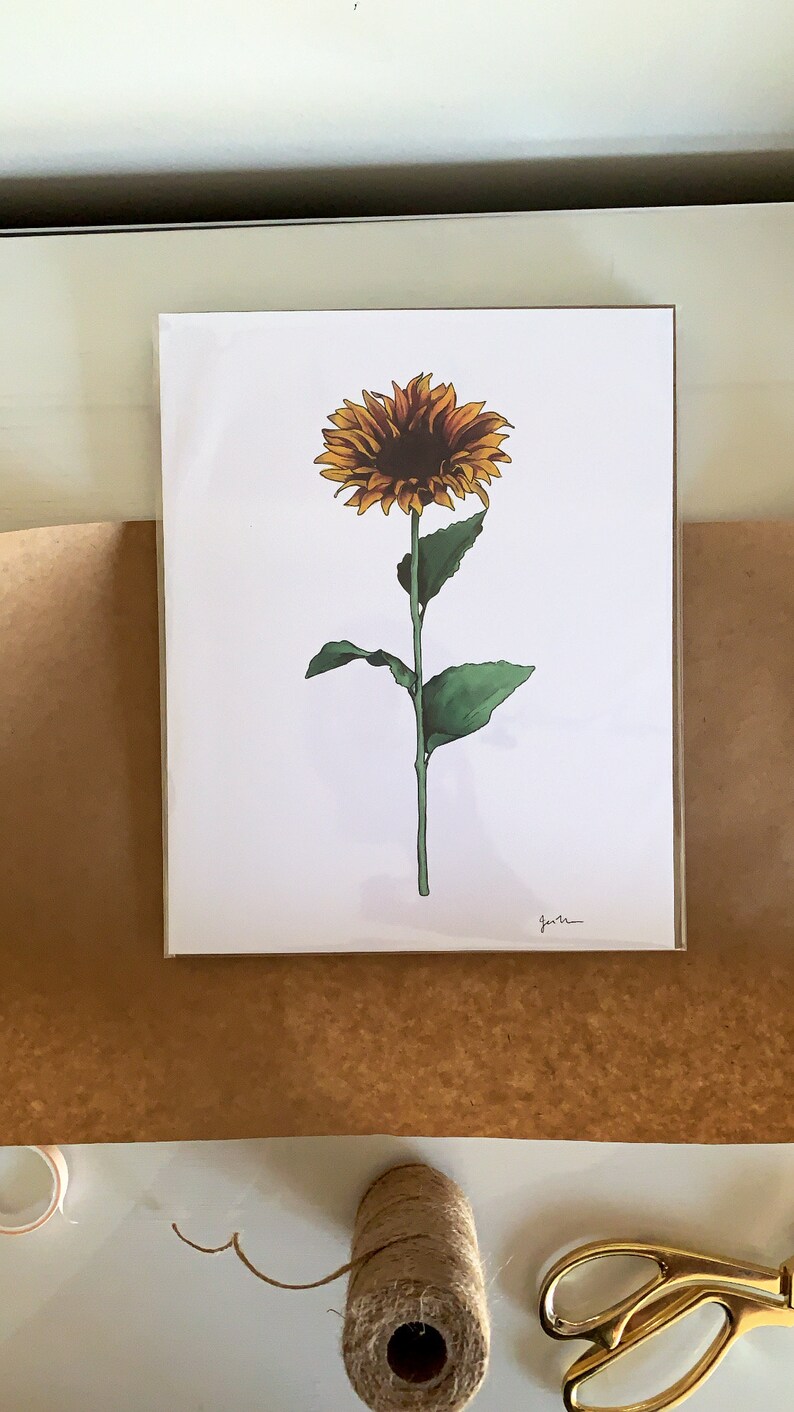 Sunflower Art Print: Botanical Marker Drawing, Yellow Floral Wall Decor ...