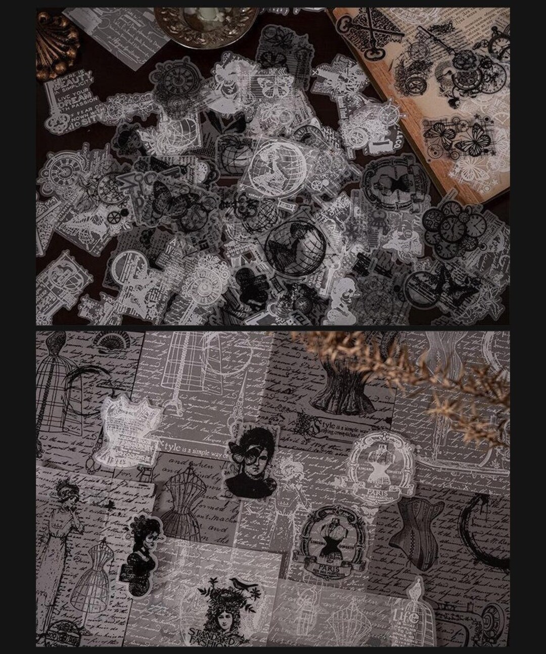 Parchment Paper & Sticker Sets: Black and White Inked - Etsy