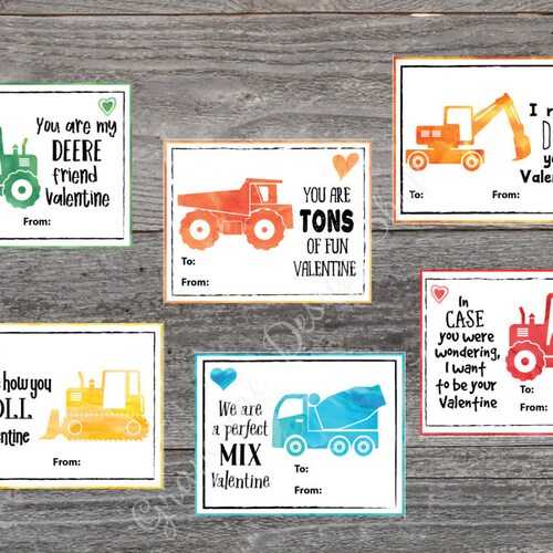Kids Valentine Cards Tractor Valentine Cards Construction | Etsy