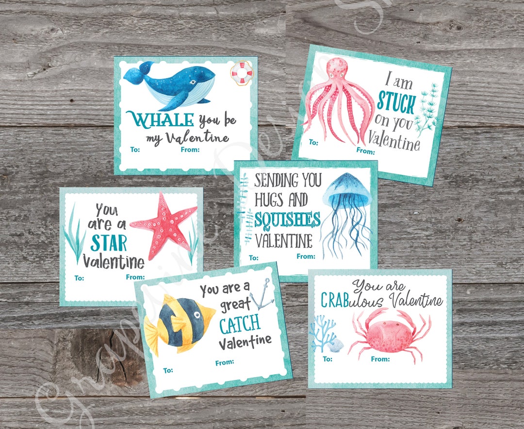 Kids Valentine Cards - Ocean Life Valentine Cards - Printable Valentine ...
