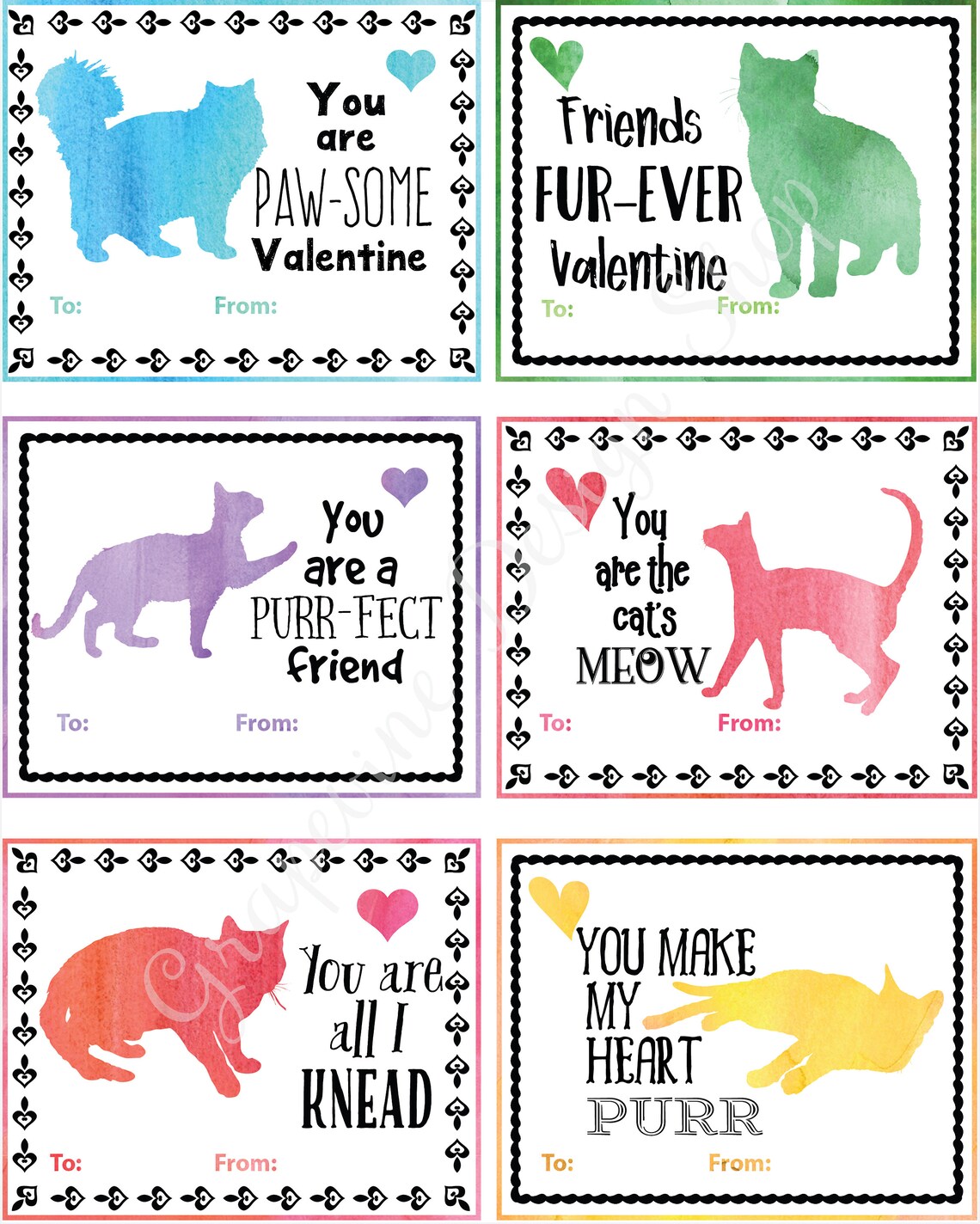 Kids Valentines Cat Valentine Cards Printable Valentines | Etsy