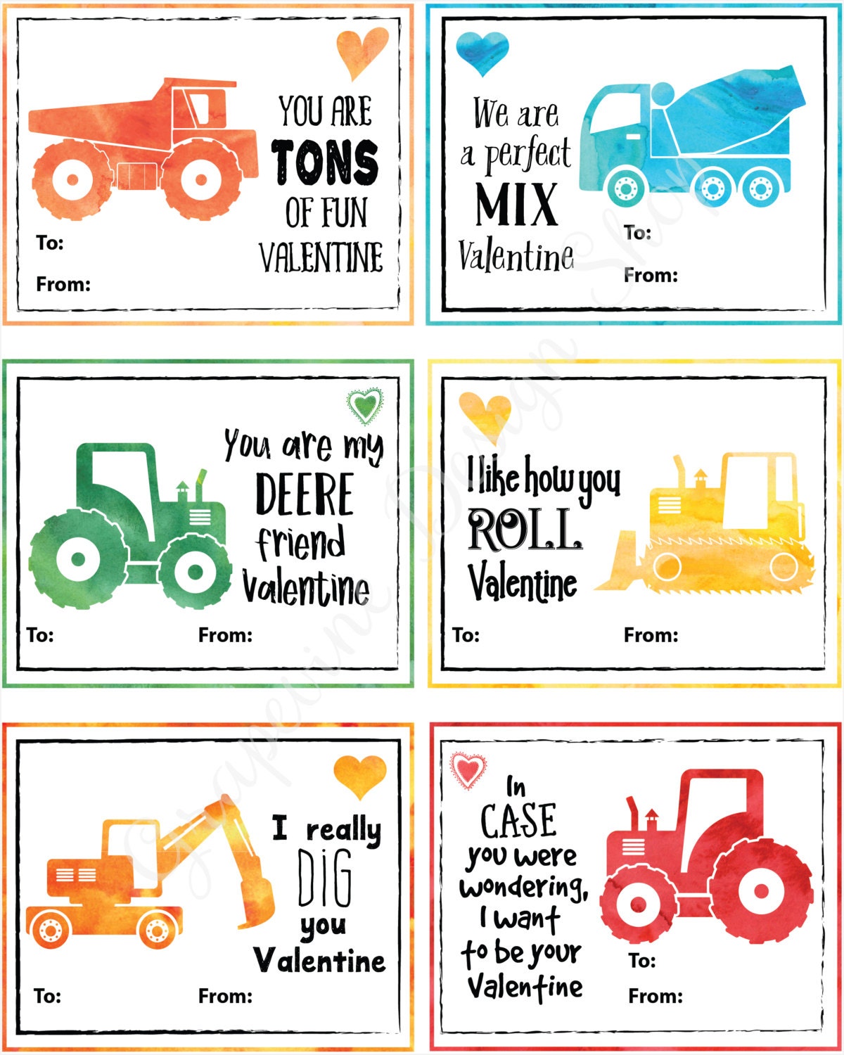 Kids Valentine cards - Tractor Valentine cards - Construction Valentine ...