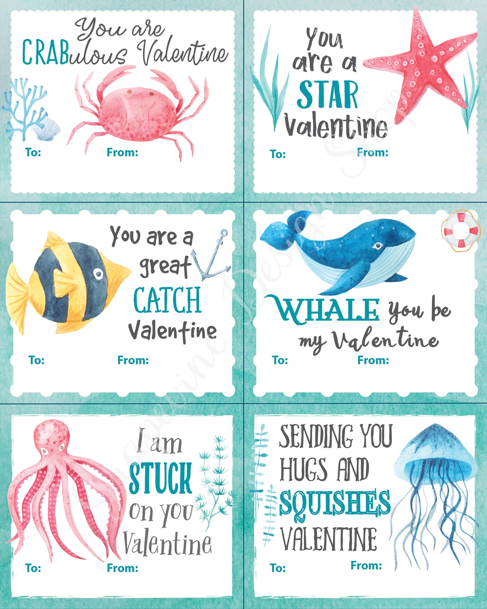 Kids Valentine Cards - Ocean Life Valentine Cards - Printable Valentine ...
