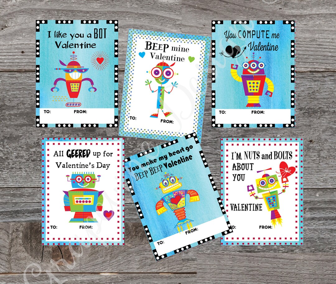 Valentine Cards for Kids - Robot Valentine Cards -instant Printable ...
