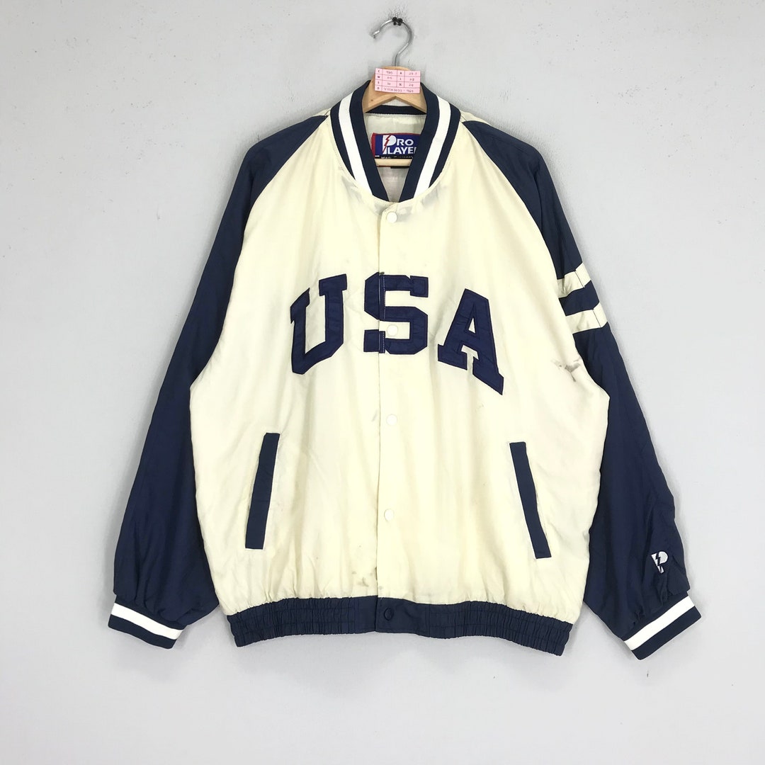 Vintage 90s USA Varsity Jacket Baseball Big Logo Usa Snap Button White ...