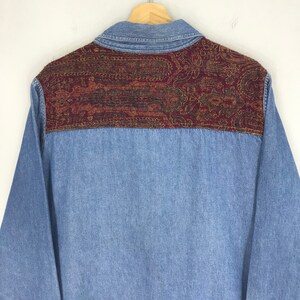 Vintage 90's White Stag Patchwork Pattern Denim Jeans Jacket Large Button up American Style ...