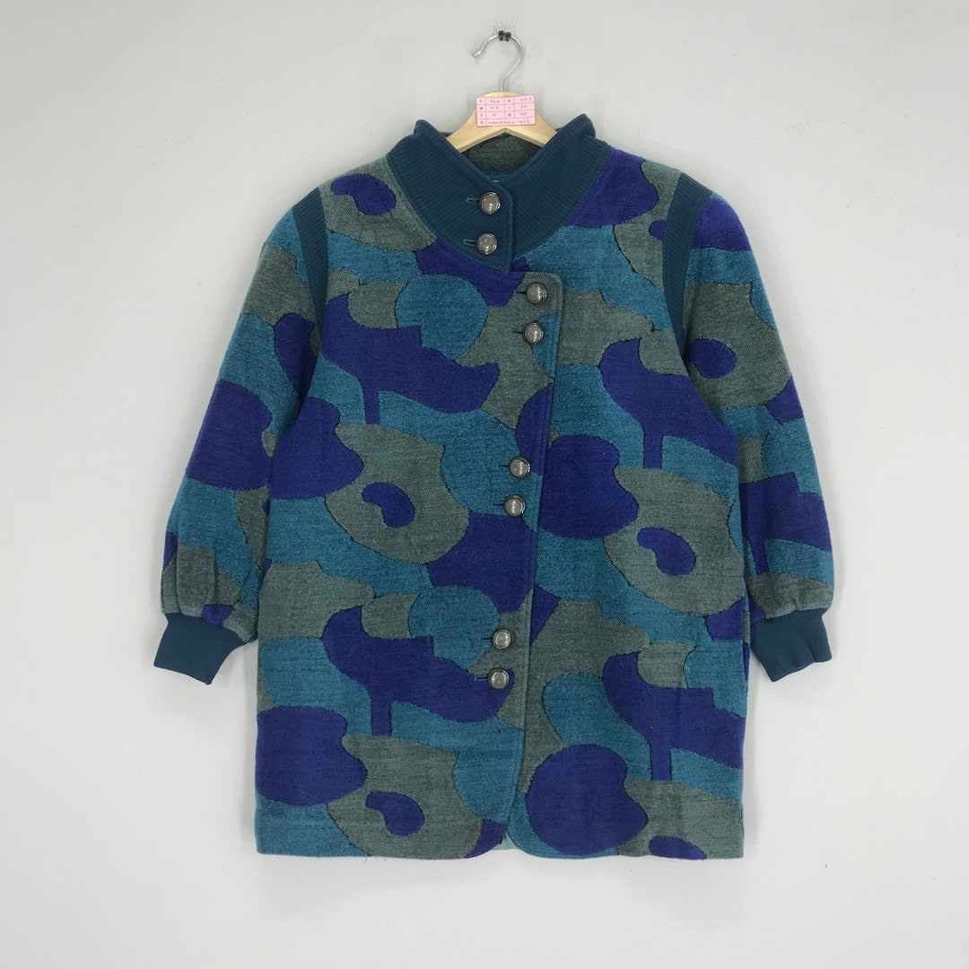Vintage Ladies Abstract Colour Pop Art Neon Blue Button Down Sweater ...