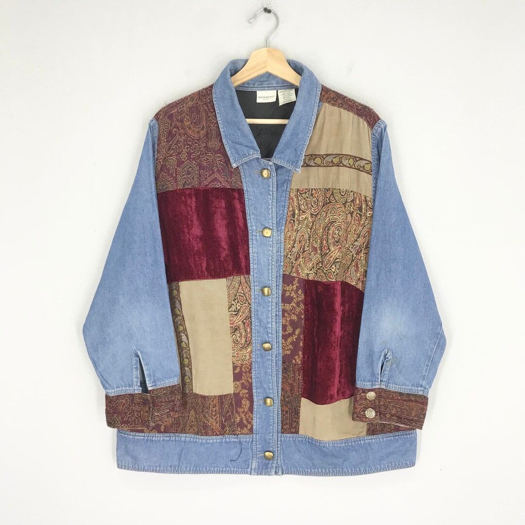 Vintage 90's White Stag Patchwork Pattern Denim Jeans Jacket Large Button up American Style ...