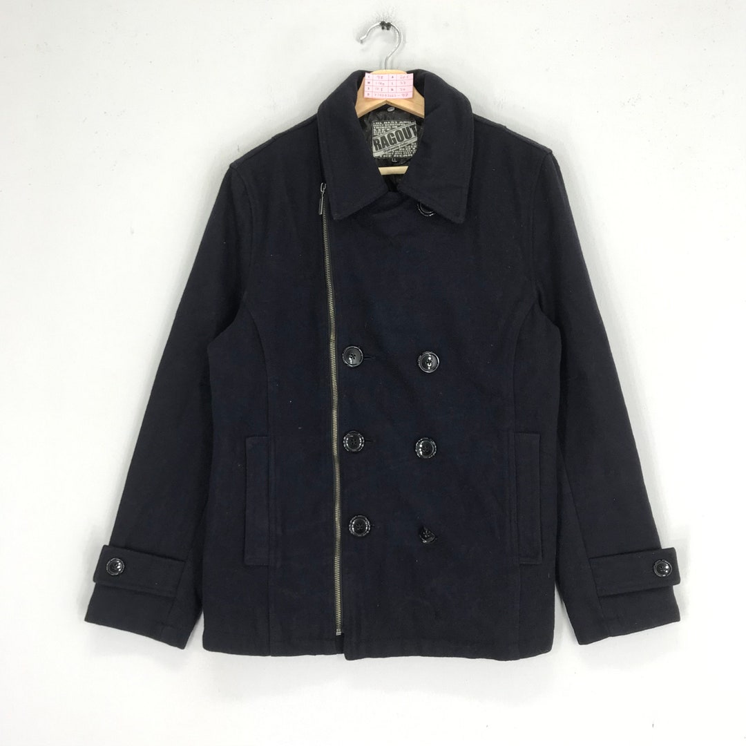 Vintage Black Pea Jacket Zipper Workers Winter Black Peacoat Wool ...
