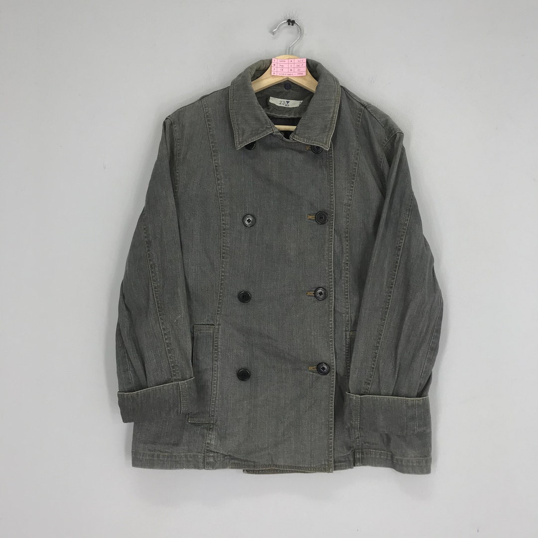 Vintage Retro Workers Denim Jacket Jeans Pea Coat Buttondown Grey Denim ...