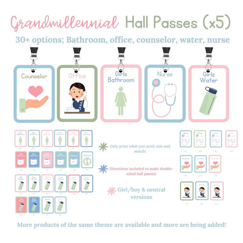 Blue, Green, Pink Grandmillennial Theme Hall Pass, Bathroom Pass ...