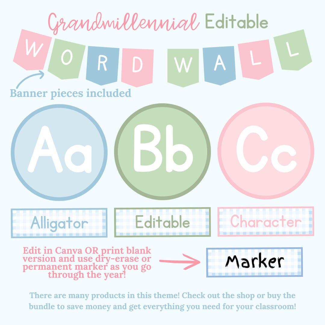 Editable Classroom Word Wall | Grandmillennial | Gingham, Preppy ...