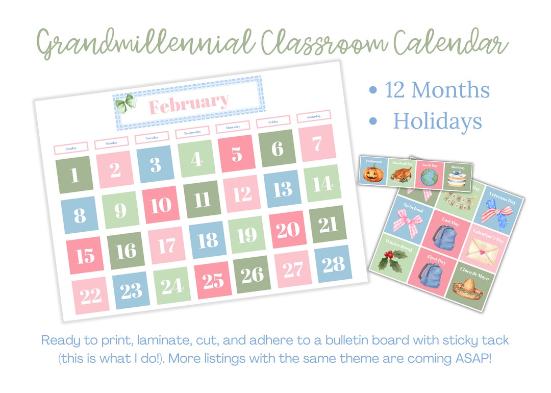 Grandmillennial Coquette Bows Classroom Calendar - Etsy
