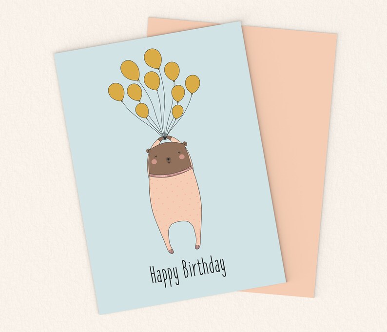 Printable Bear and Balloons Birthday Card. Children Birthday - Etsy
