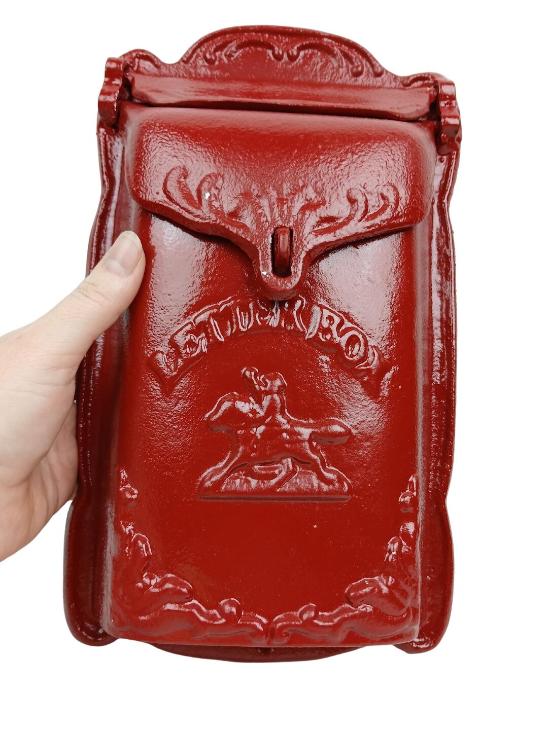 Vintage Repurposed CANDY APPLE RED Hand Painted Mailbox, Large Cast ...