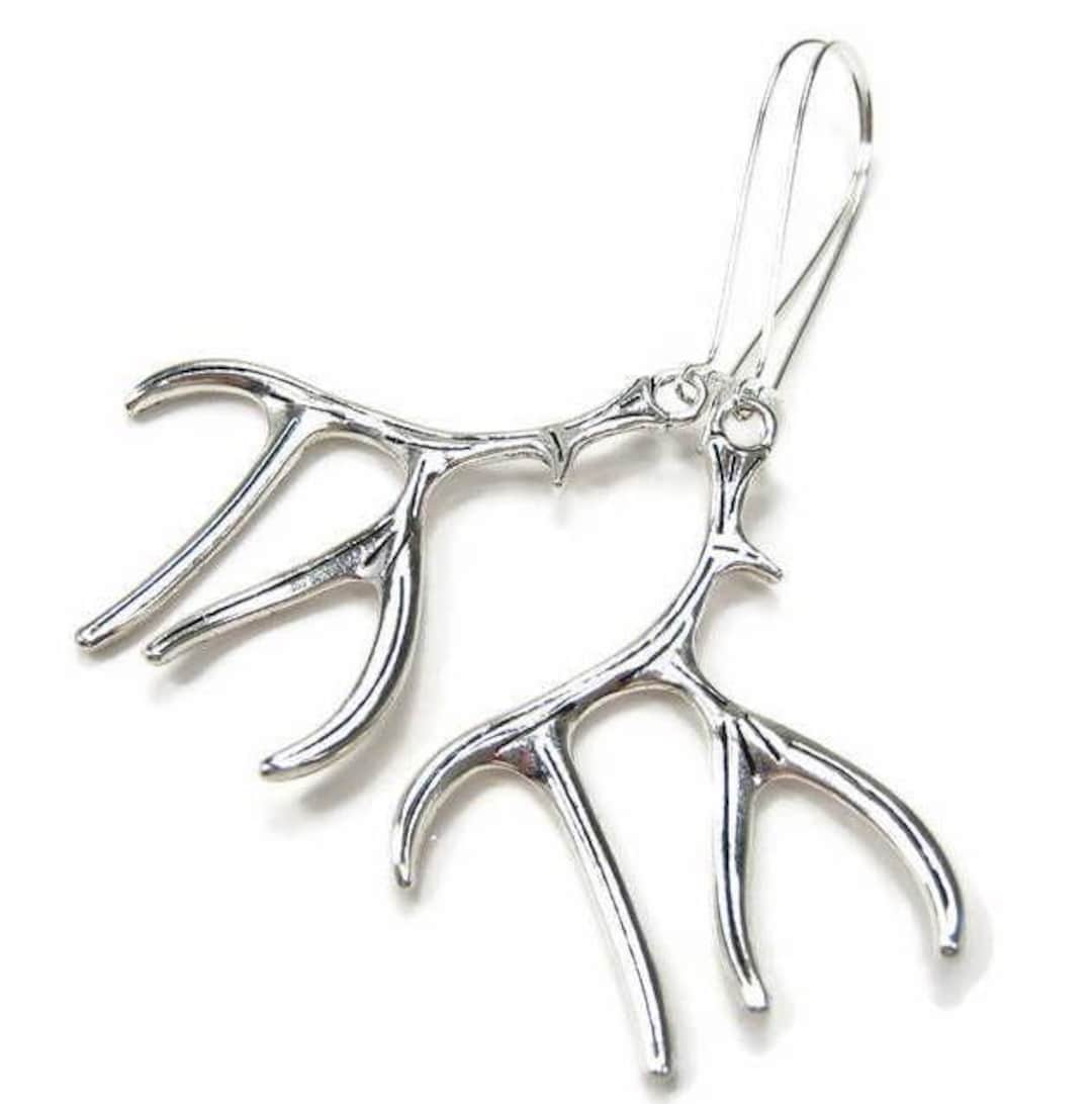 ANTLER Silver Kidney Wire Earrings, LARGE Statement, Deer Elk Reindeer ...
