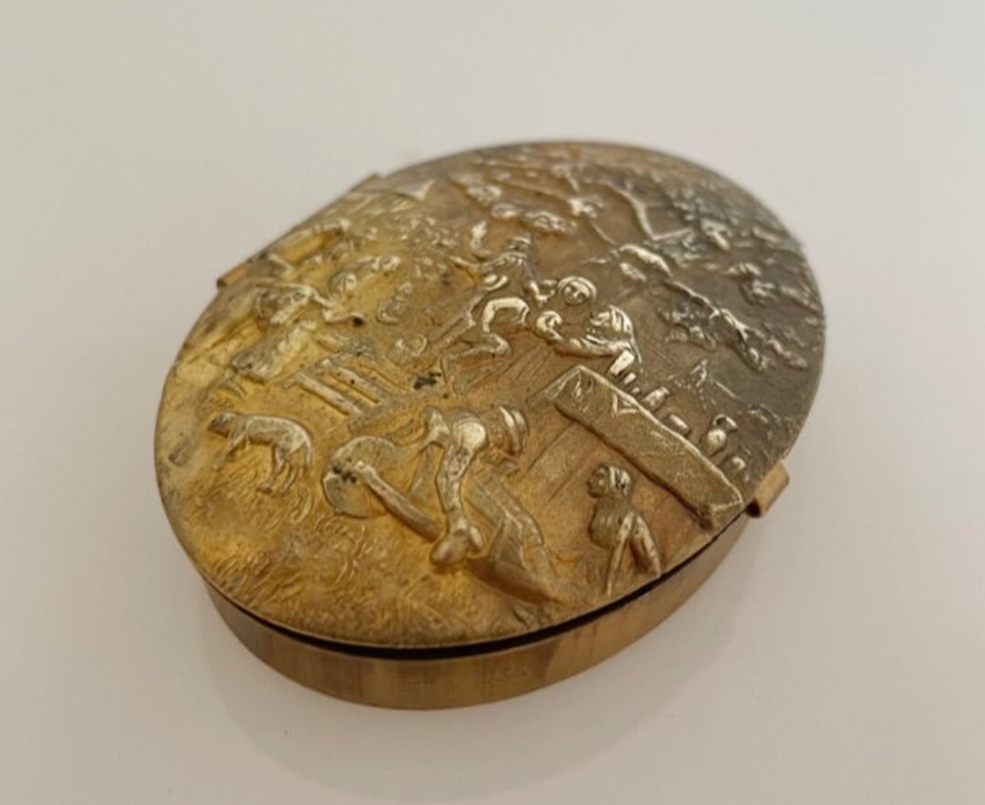 Vintage Raw Brass Medieval Scene Oval Trinket Box - Etsy