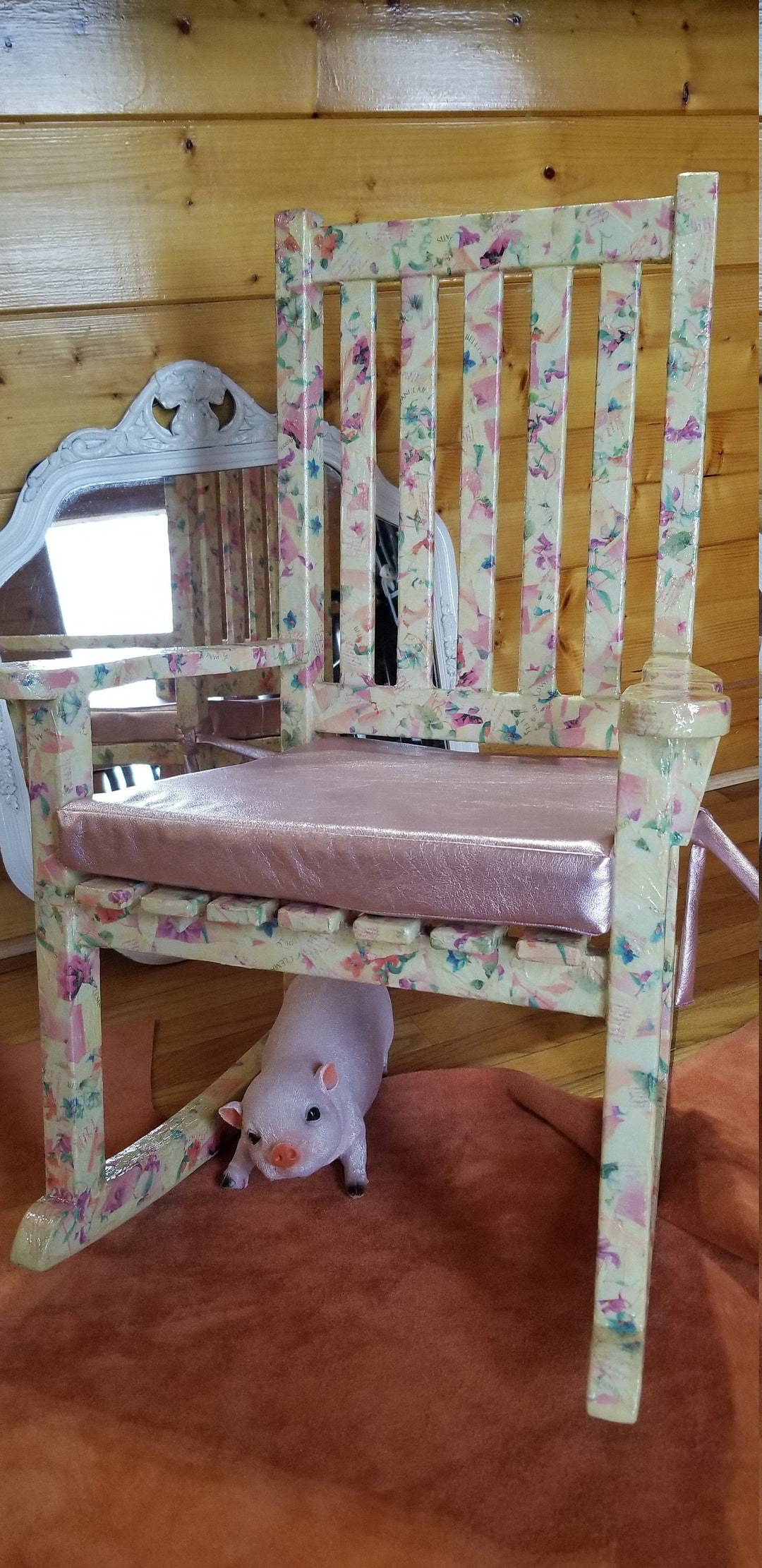 1 Antique Deco Art Kid's Solid Wood Decoupaged Rocker Metallic Pink ...