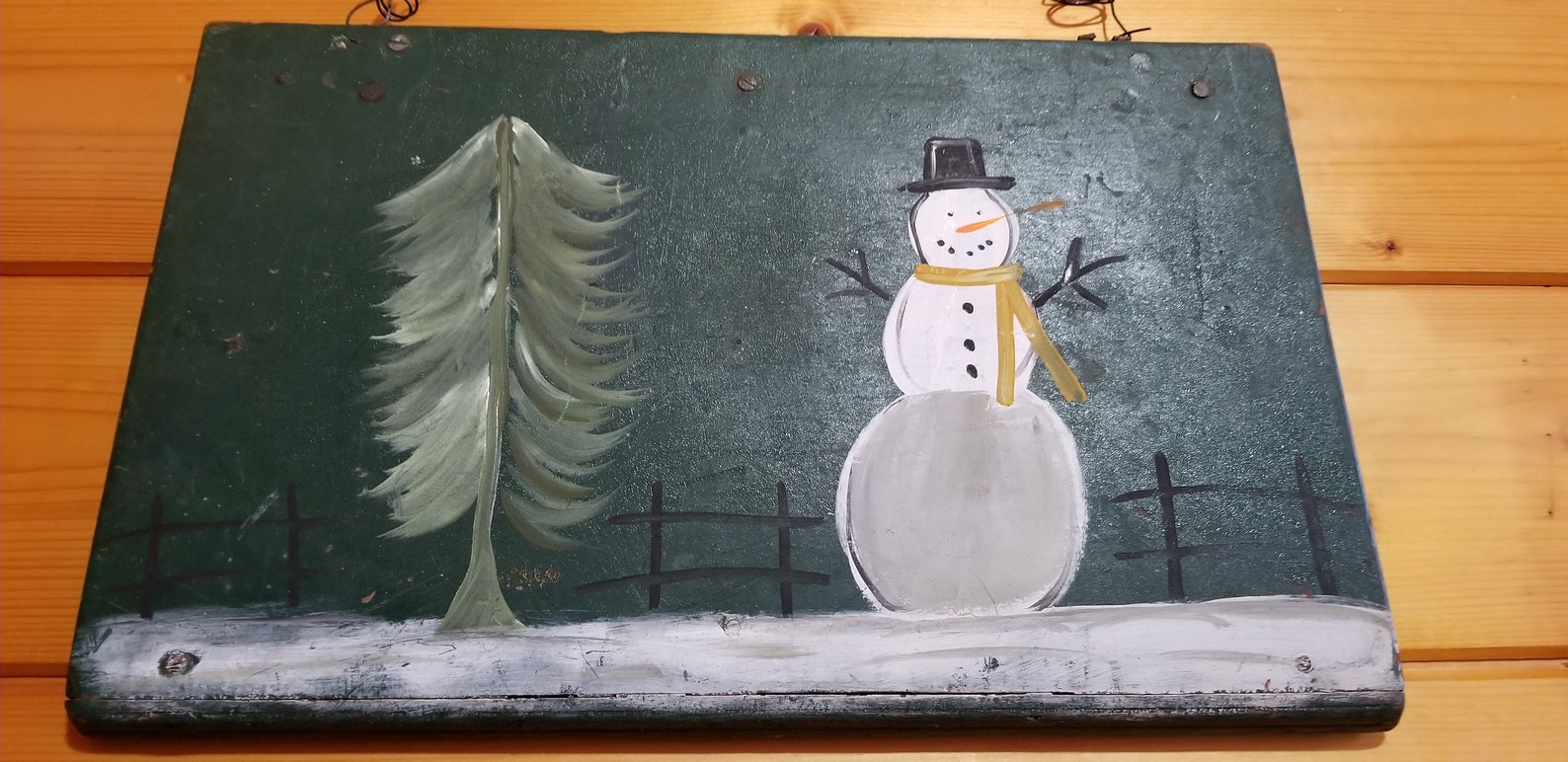 Antique Authentic Primitive Folk Art MR Snowman Painting on Old Trunk ...