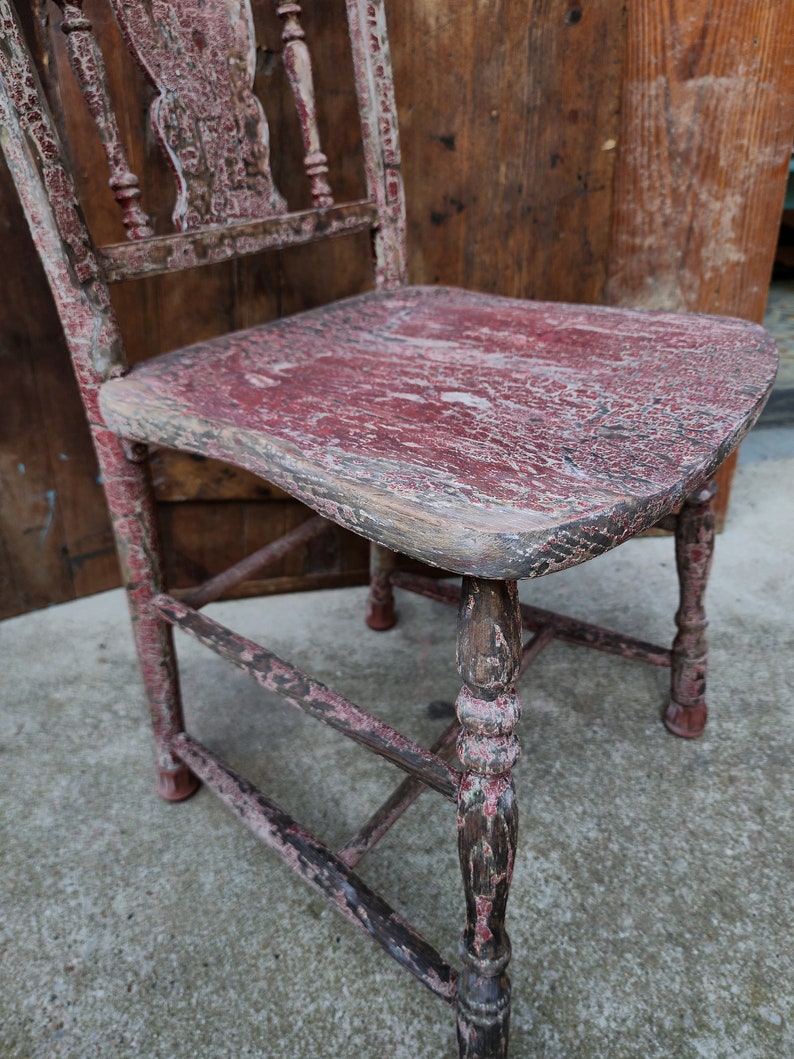 Rare 1800s Primitive Fiddleback Chair Original Paint Spindles Windsor ...