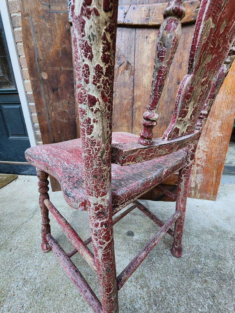 Rare 1800s Primitive Fiddleback Chair Original Paint Spindles Windsor ...