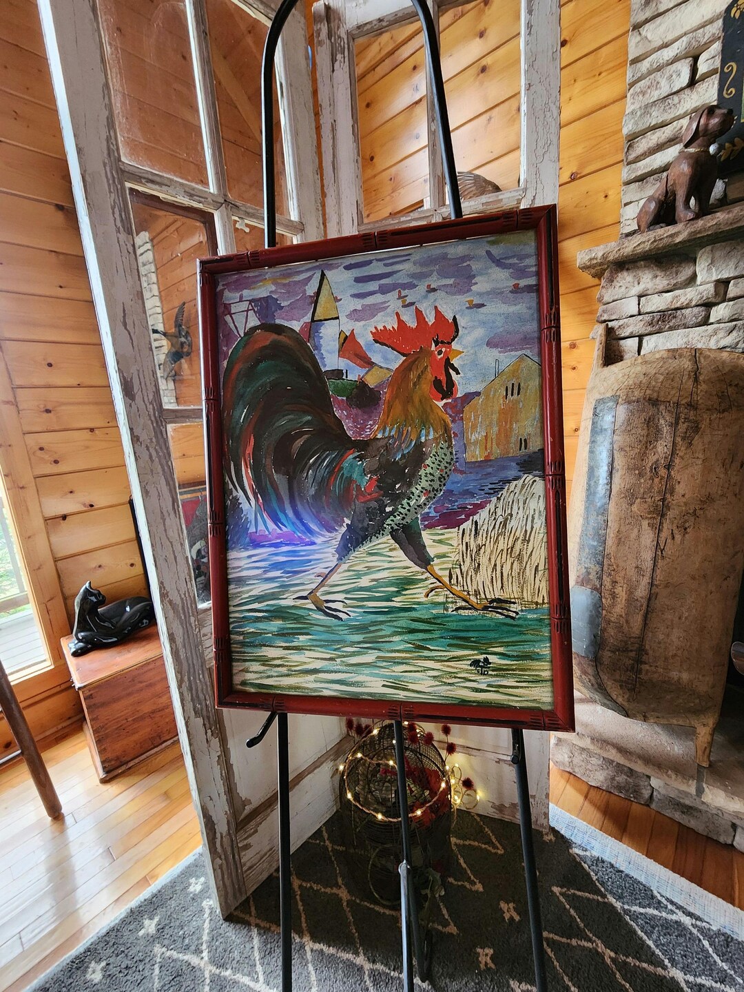 Vintage Folk Art Watercolor European Rooster Running Farmland Deep Red ...