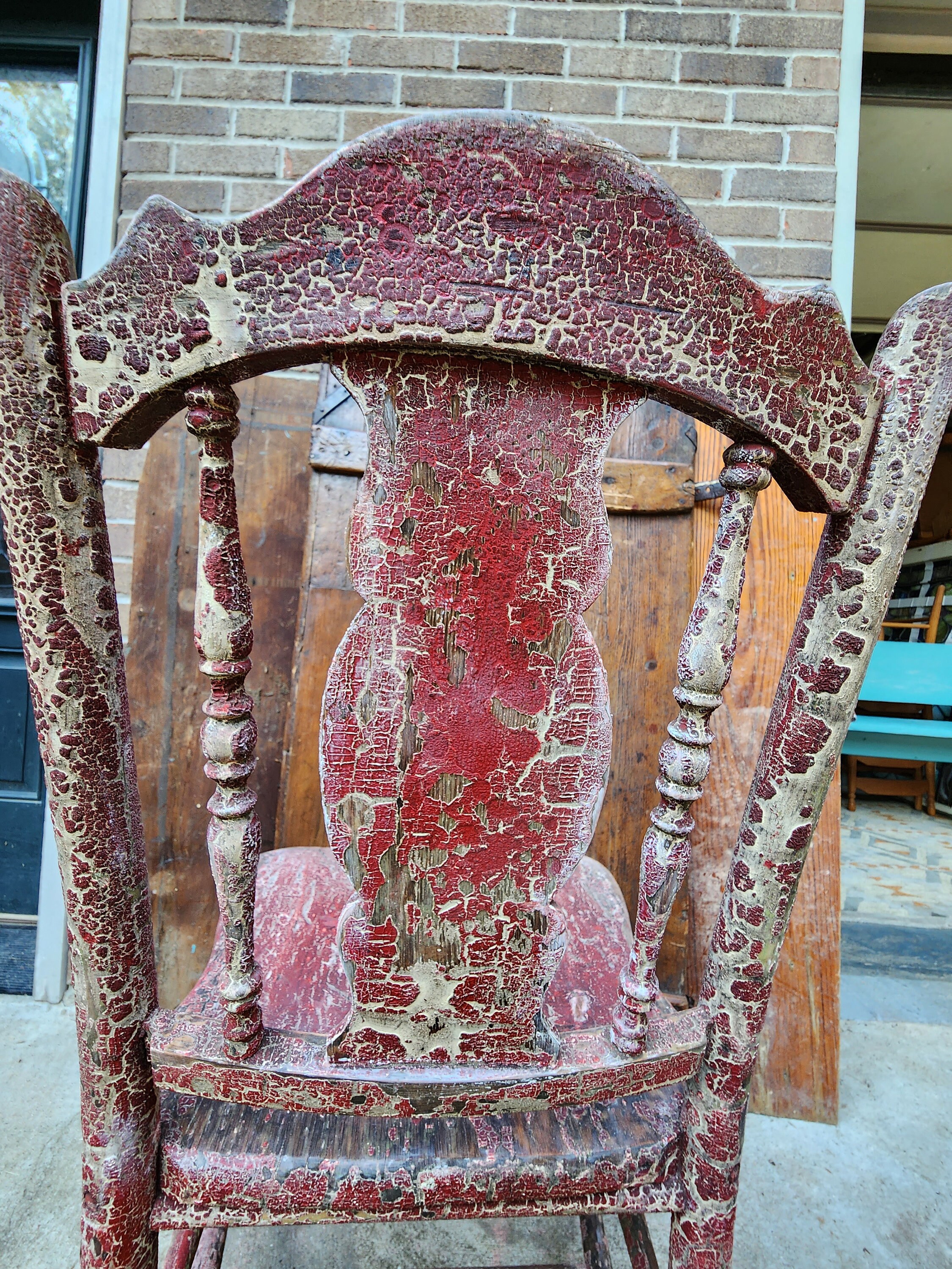 Rare 1800s Primitive Fiddleback Chair Original Paint Spindles Windsor ...