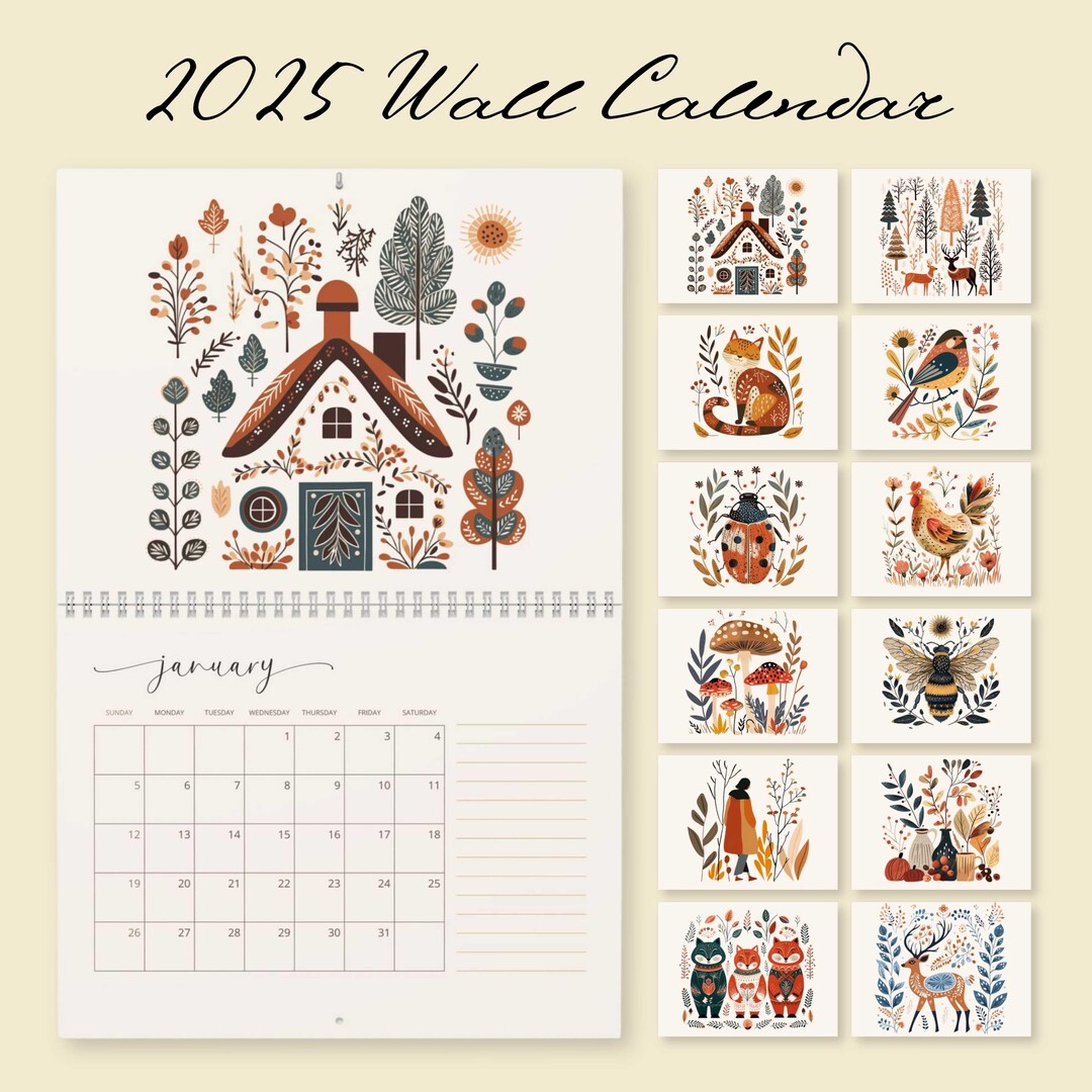 2025 Scandinavian Wall Calendar, Hygge Terracotta Folk Art - Etsy