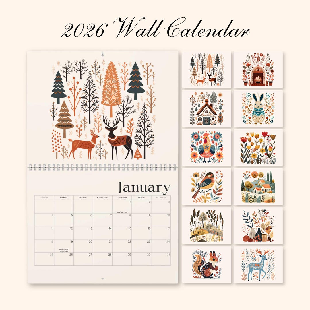 Scandinavian Wall Calendar, Scandi Folk Art 2026 Monthly Calendar With ...