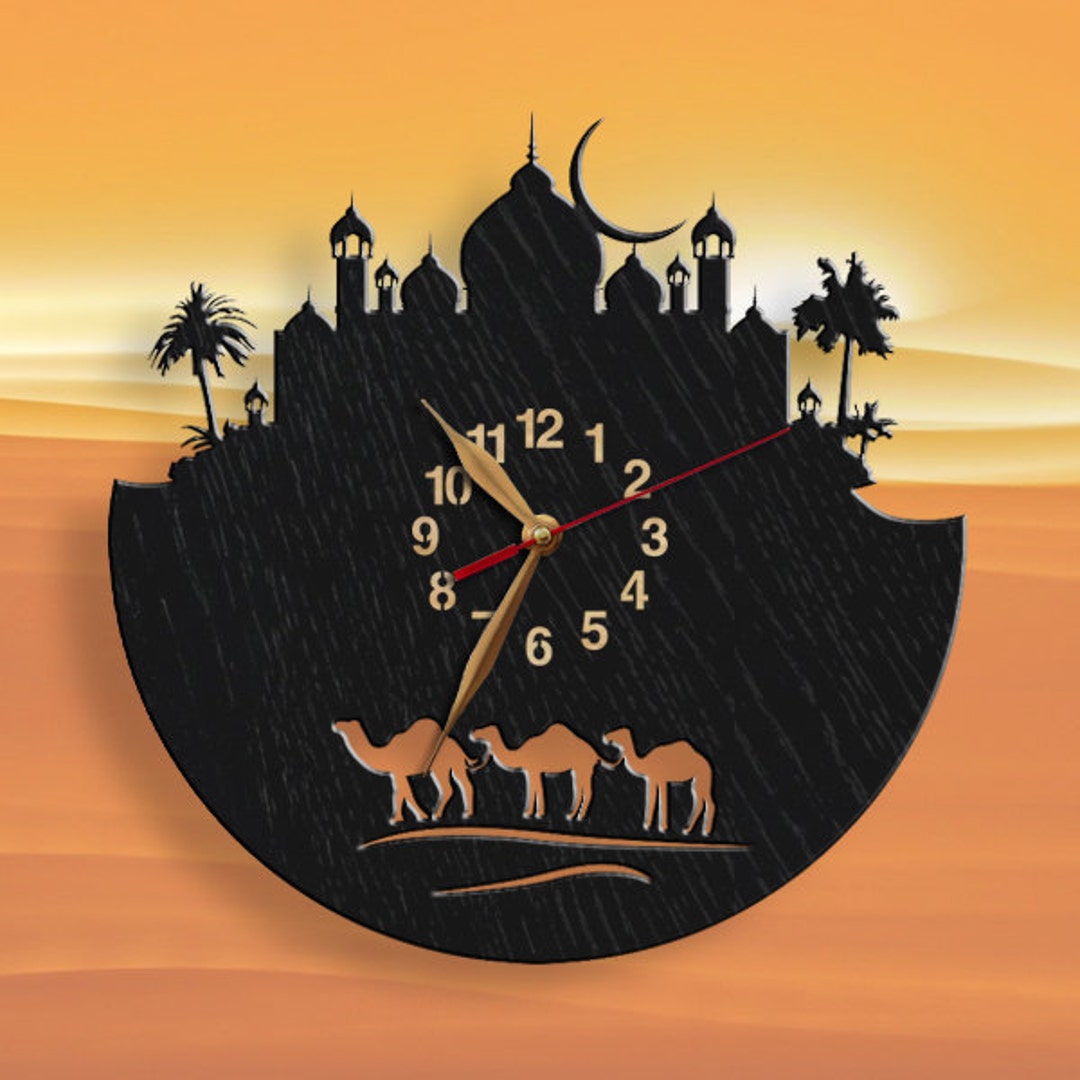 Large Wall Clock Islamic City, Camels, Wooden Quiet, Muslim Tracery ...