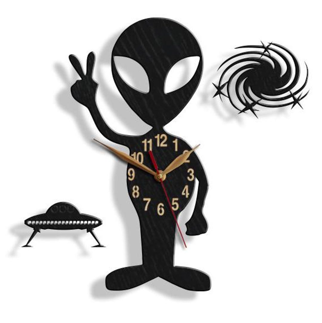 Wall Clock Alien, Handmade Wood Martian UFO Spaceship Height 13 or 18 ...