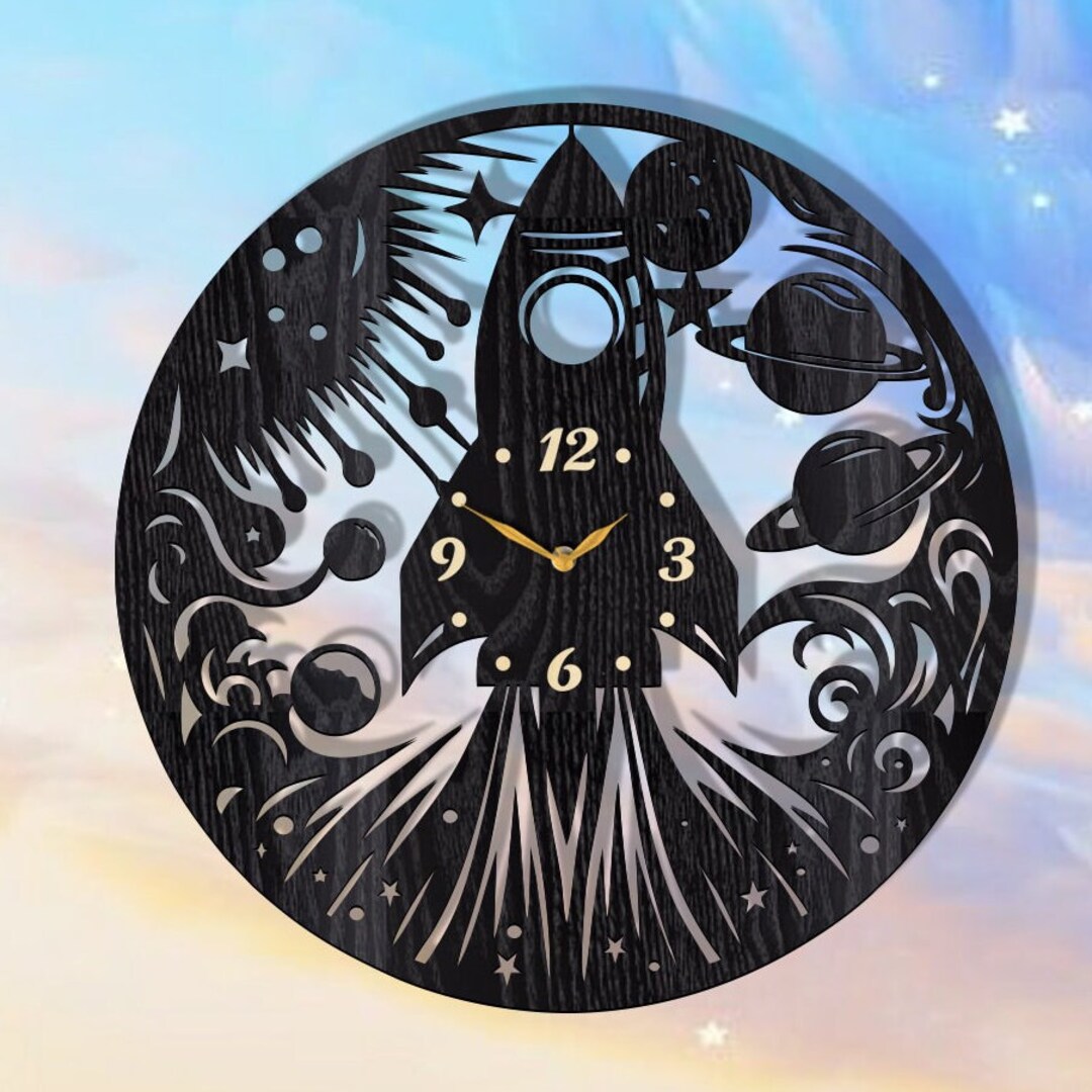 Rocket Ship Wall Clock, Comet Planet Saturn Wood Non-ticking, Nursery ...