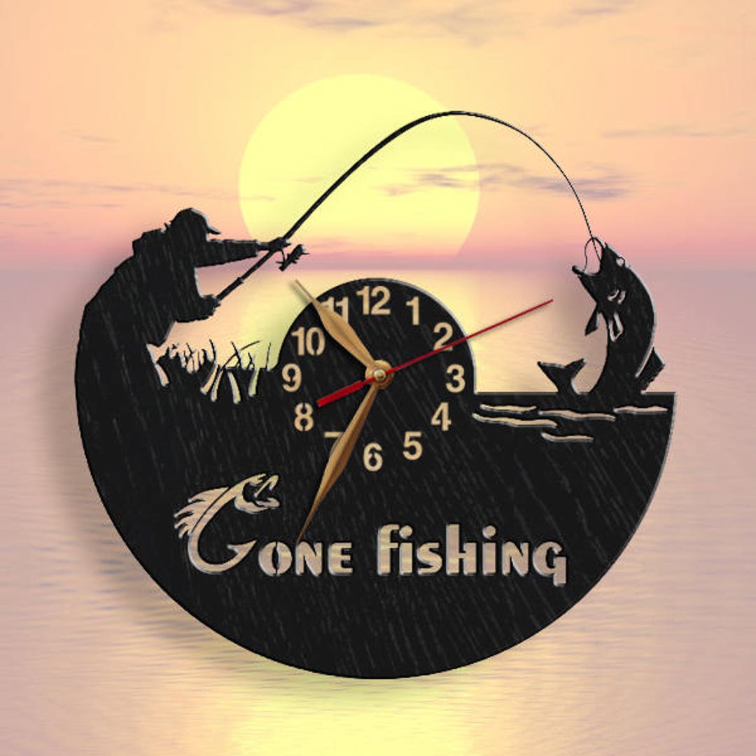 Wall Clock Fisher Gift Wood Non-ticking, Fisherman Personalized Fishing ...