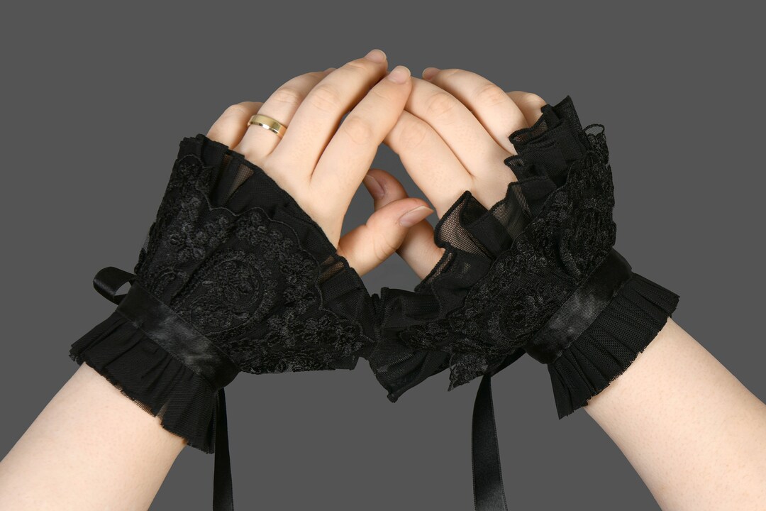 Black Lace Steampunk Lolita Gothic Tulle Cuffs Winkled Ruffled Tied ...