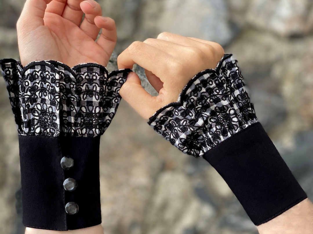 Black White Embroidered Plaid Ruffle Sleeve Extender, Wrist Cuff Set of ...