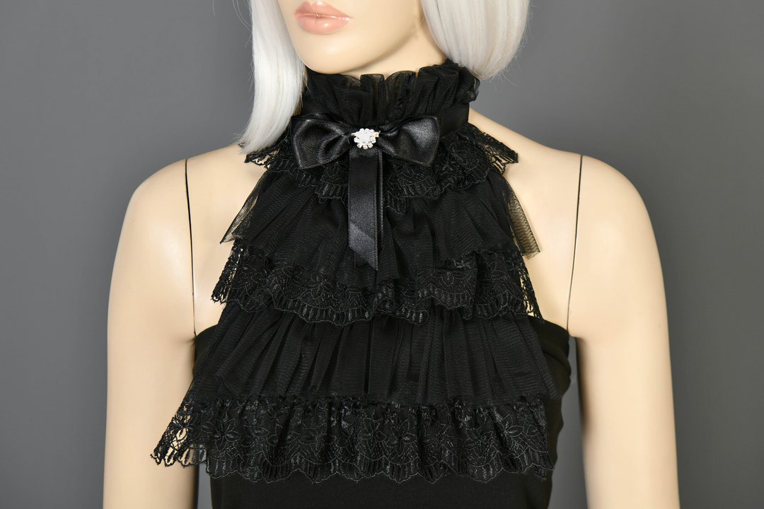 Black Lace Ruffle Detachable Collar & Tied Cuff, Lace Jabot, Victorian ...