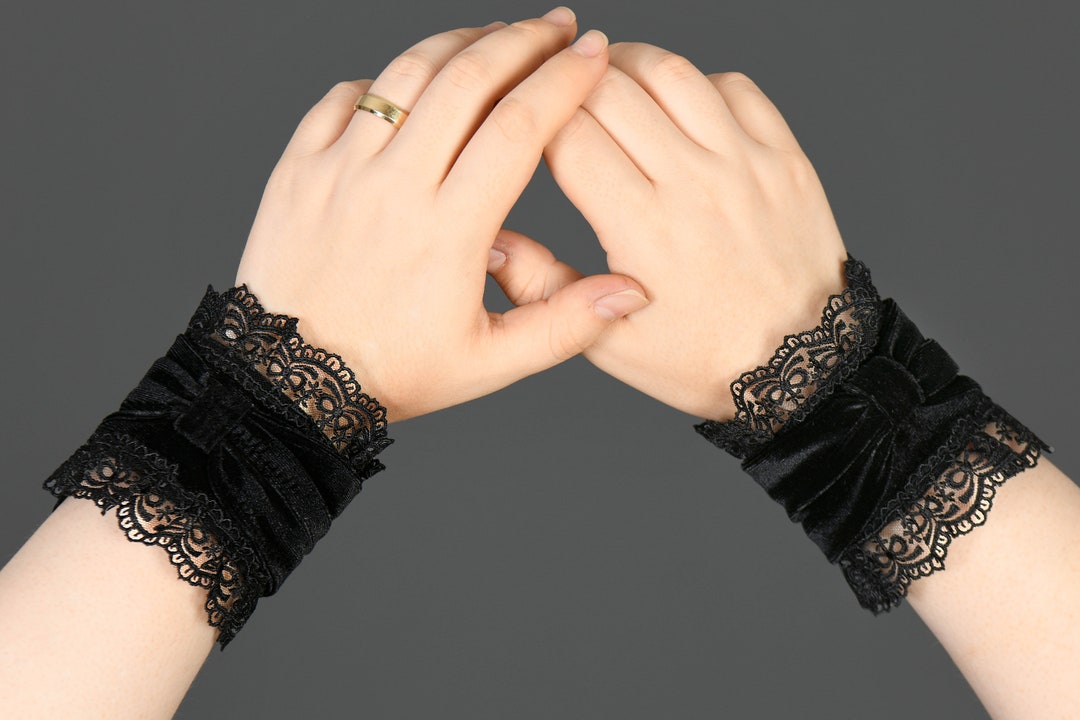 Black Lace Steampunk Lolita Gothic Tulle Cuffs Winkled Ruffled ...