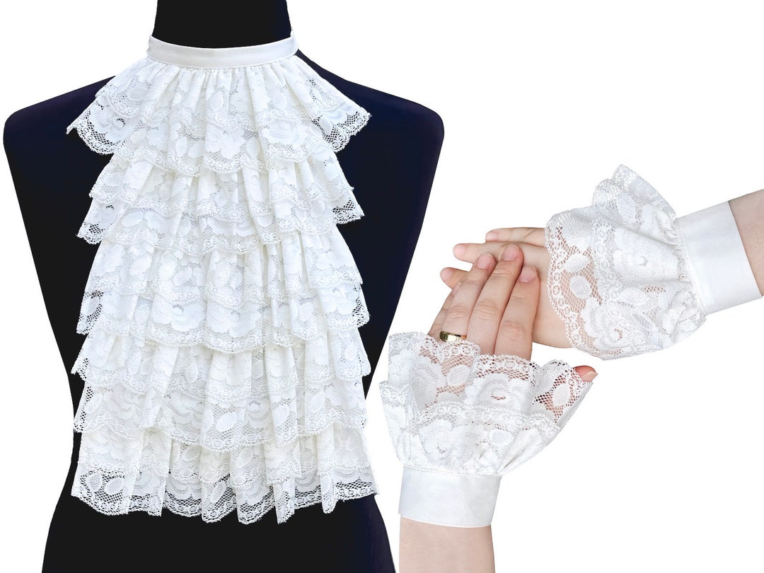 White Ruffle Detachable Collar & Cuff, Lace Jabot, Victorian Jabot ...
