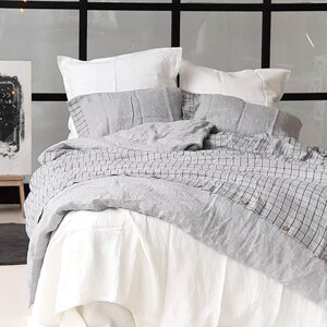 Linen BEDDING SET With Windowpane Pattern Melange Light Gray and Black ...