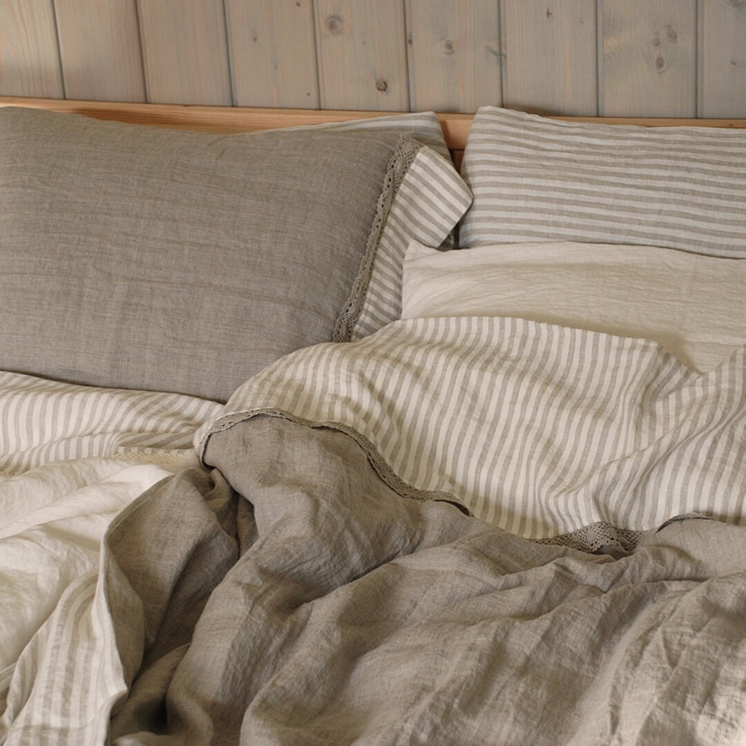 Lace BEDDING SET Washed Linen Duvet Cover and 2 Pillowcases Lace Duvet ...