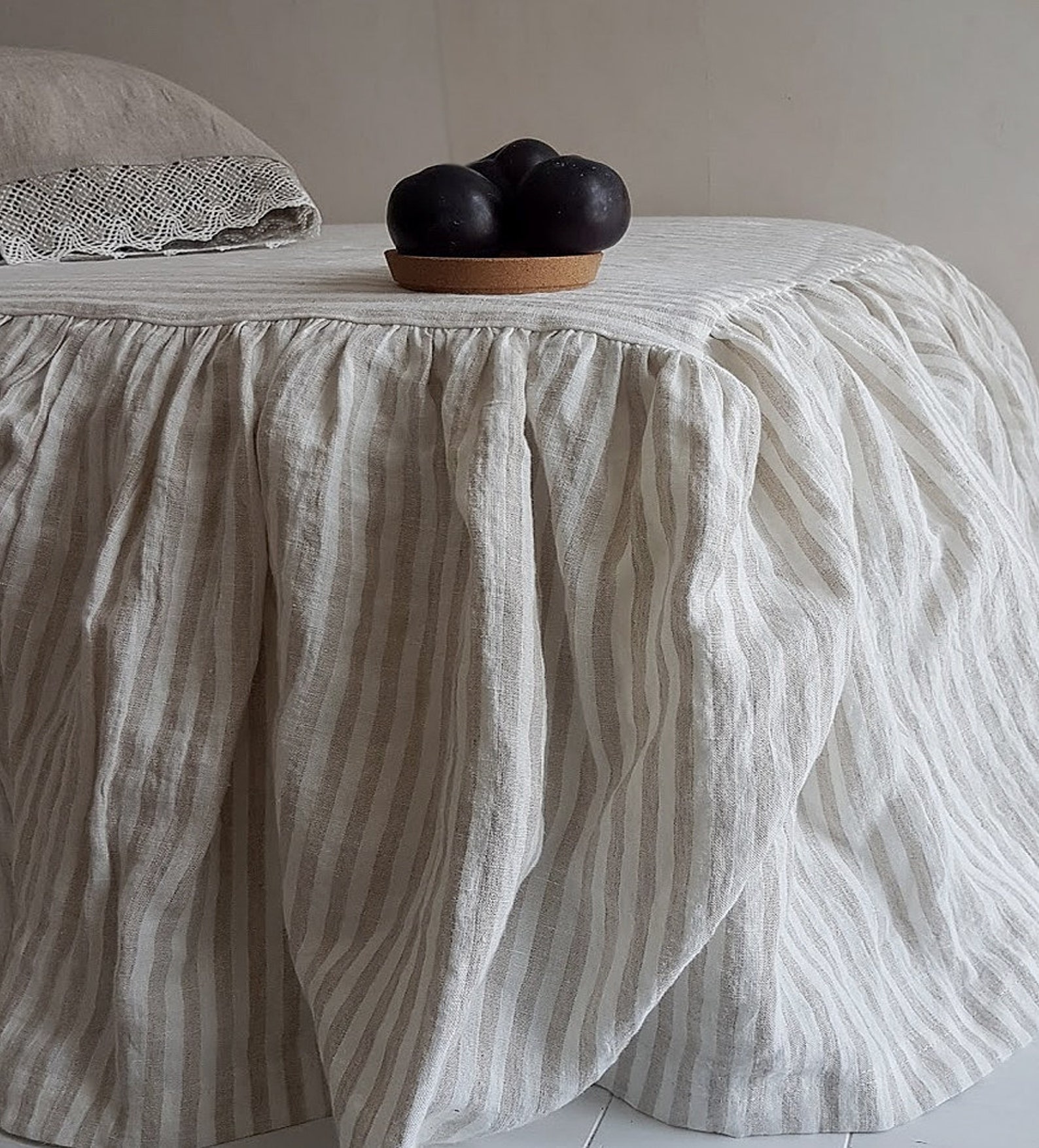 Striped Ruffle BEDSKIRT Stonewashed Linen Dust Ruffle Farmhouse Chic ...