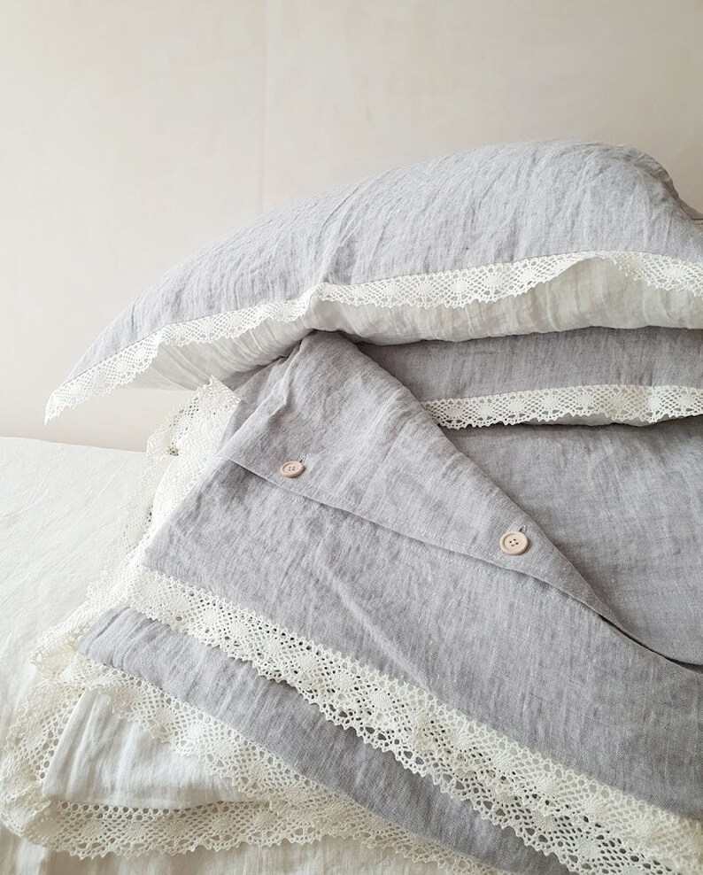 Lace BEDDING SET in Melange Grey and Off-white Softened Linen - Etsy