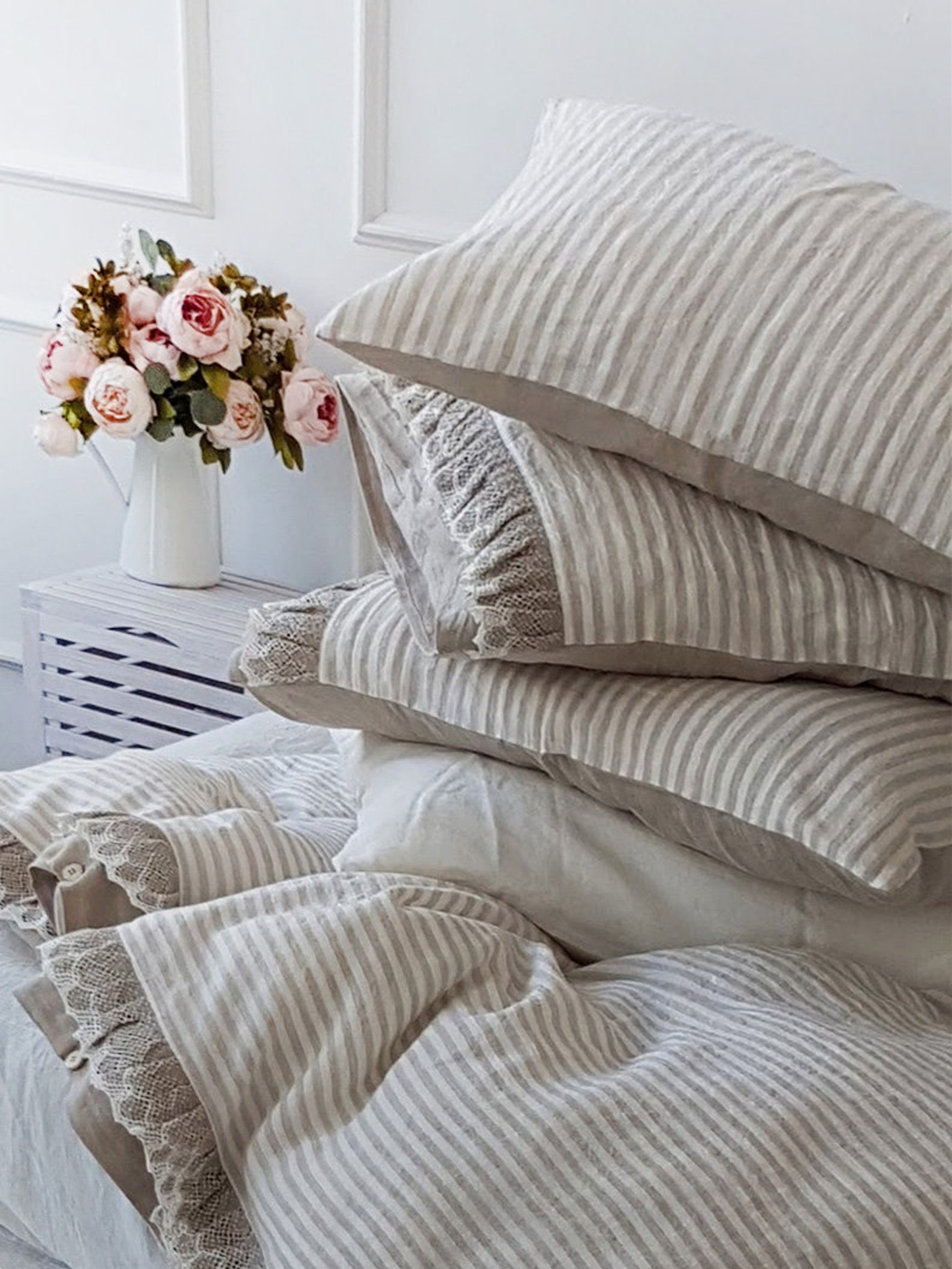 Ruffle Linen DUVET SET Lace Bedding Set Washed Heavy Linen | Etsy