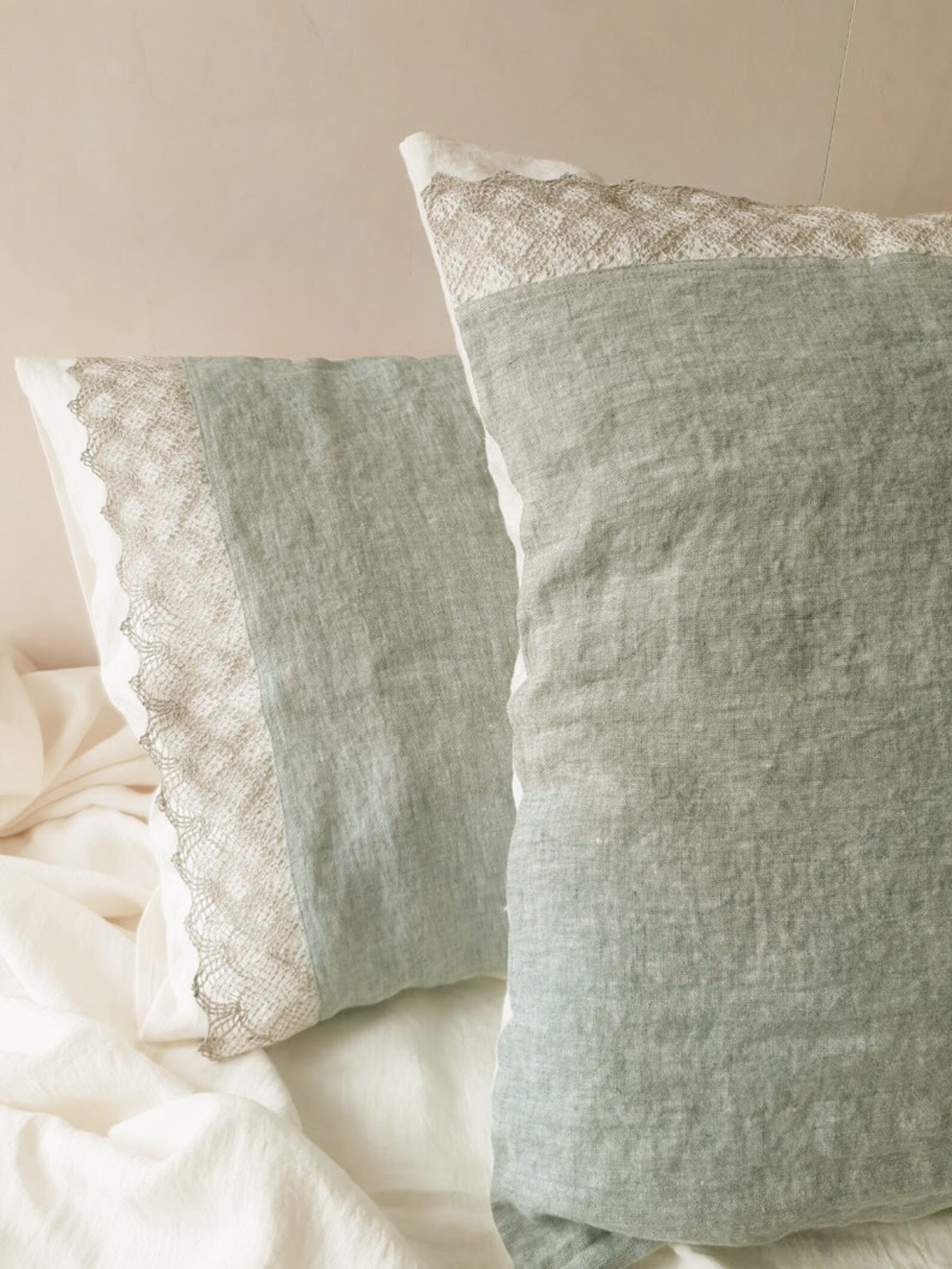 Lace Linen PILLOWCASE From Softened Off-white and Bluish Green Melange ...
