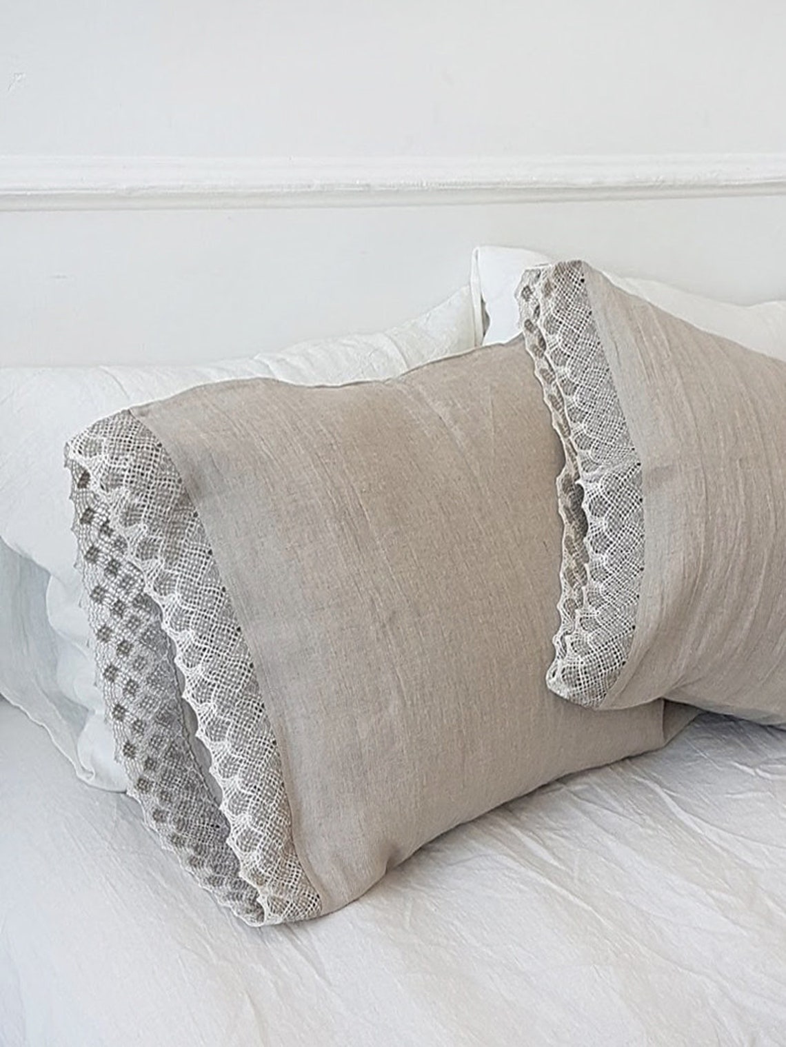 Lace trimmed linen pillowcase stonewashed linen pillow sham | Etsy